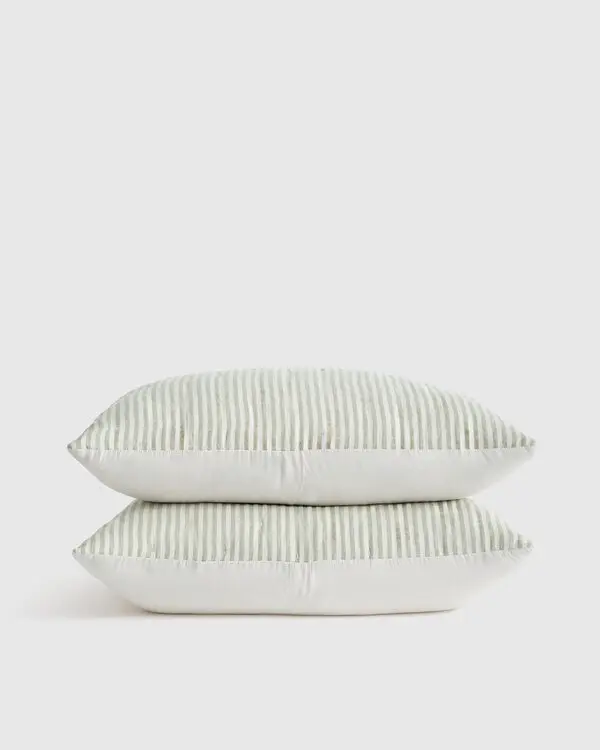 Quince European Linen Patterned Quilted Sham Set - Willowleaf/white Stripe