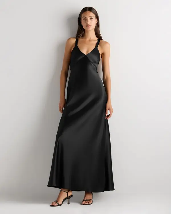 Quince Stretch Satin V-neck Maxi Dress With Criss-cross Back - Black