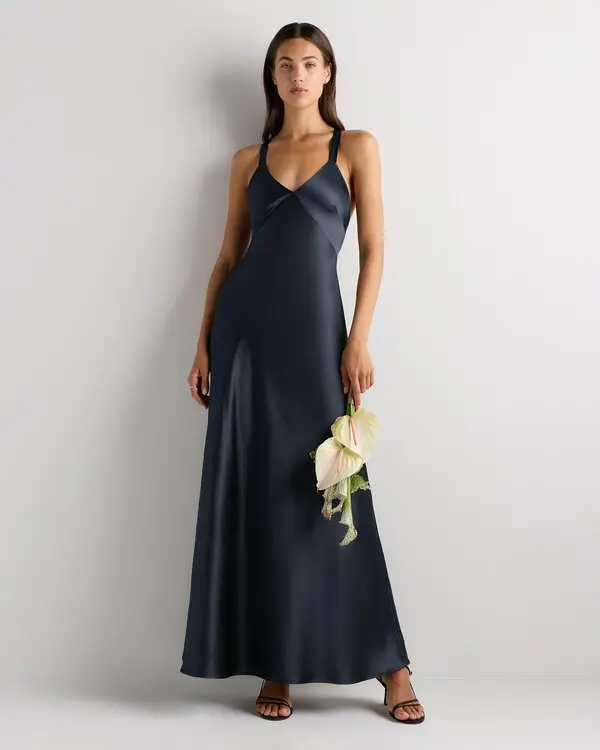 Quince Bianca Stretch Satin Maxi Dress - Navy