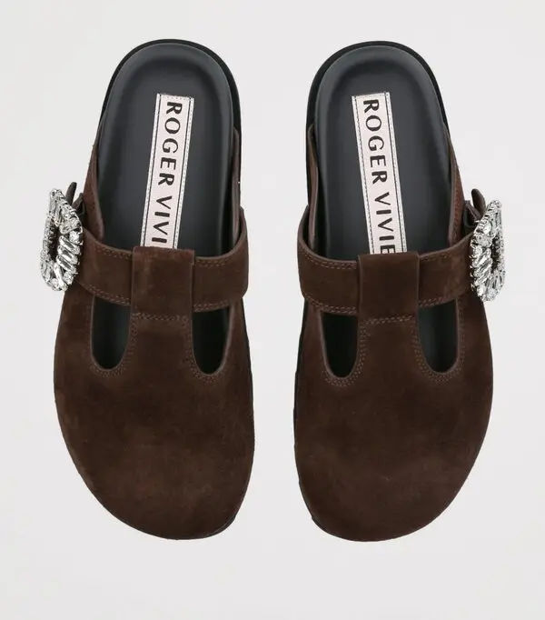 ROGER VIVIER Embellished Suede Mules - Brown