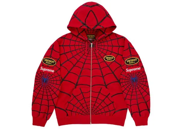 Supreme Vanson Leathers Spiderman Zip Up Hooded Sweatshirt - Red