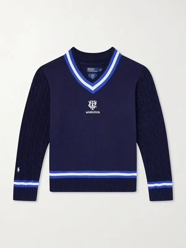 Polo Ralph Lauren Wimbledon Logo-embroidered Cable-knit V-neck Sweater - Blue