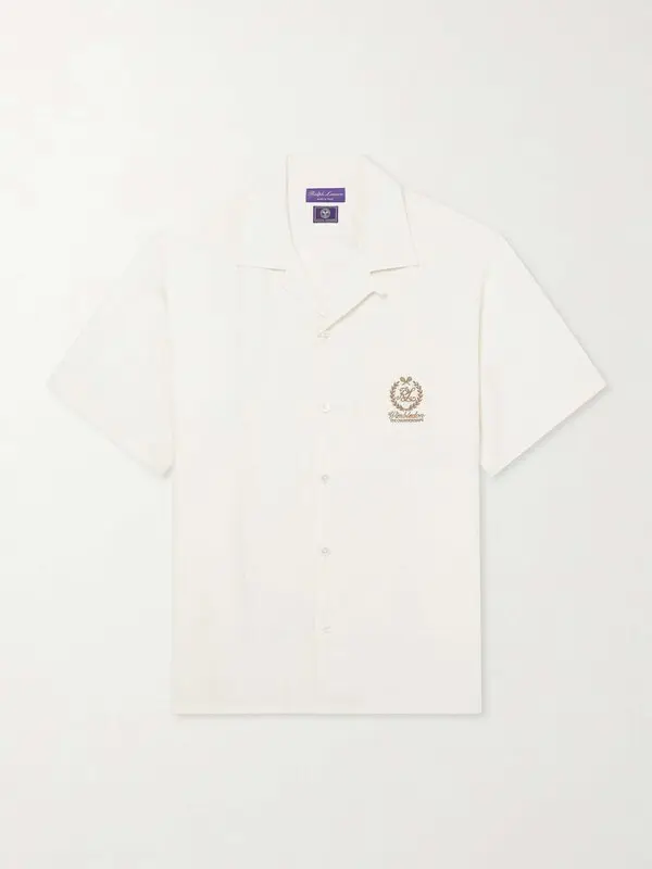 Ralph Lauren Purple Label Wimbledon Camp-collar Embroidered Silk And Linen-blend Shirt - Cream