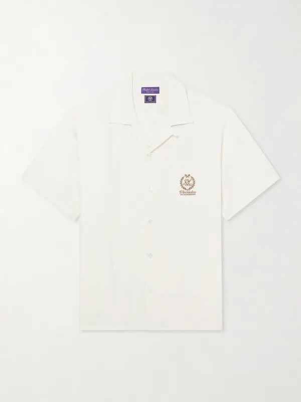 Ralph Lauren Purple Label Wimbledon Camp-collar Embroidered Silk And Linen-blend Shirt - Neutrals