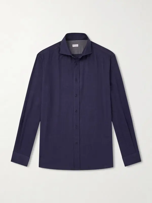 Brunello Cucinelli Herringbone Cotton And Lyocell-blend Shirt - Blue