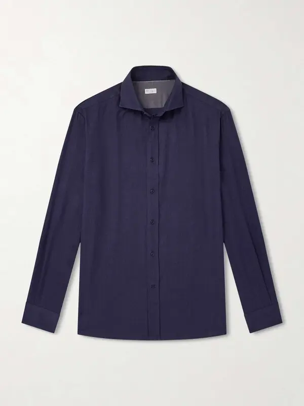Brunello Cucinelli Herringbone Cotton And Lyocell-blend Shirt - Navy