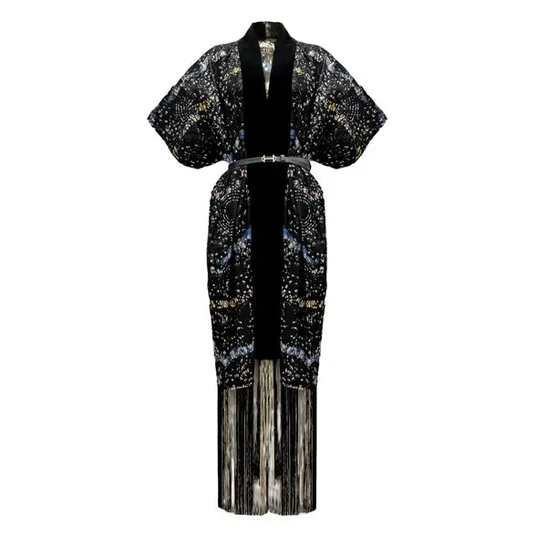 CHUKS COLLINS Kimono-inspired Maxi Dress With Fringe Hem - Black/white/blue