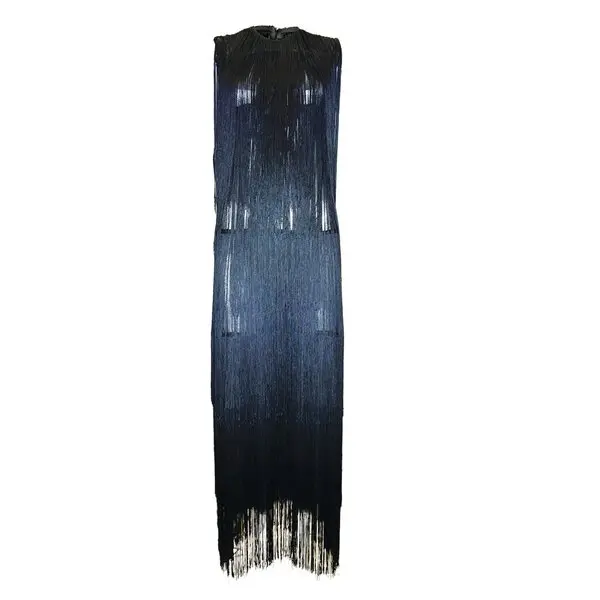 CHUKS COLLINS Hand-layered Fringe Mesh Midi Dress - Black