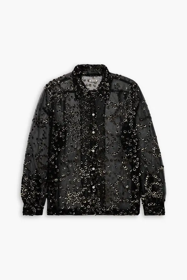 BODE Metallic Appliquéd Tulle Shirt - Black