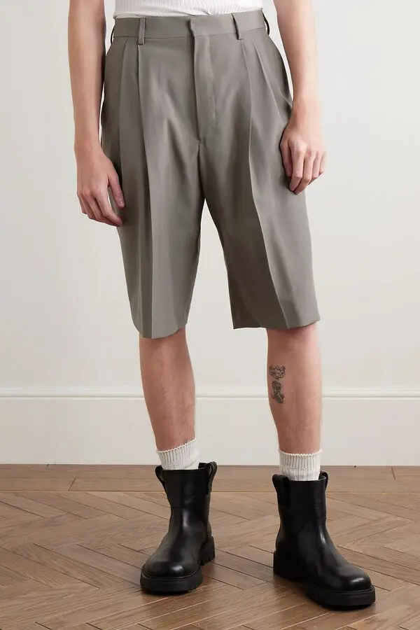 Dries Van Noten Straightleg Pleated Wool Bermuda Shorts