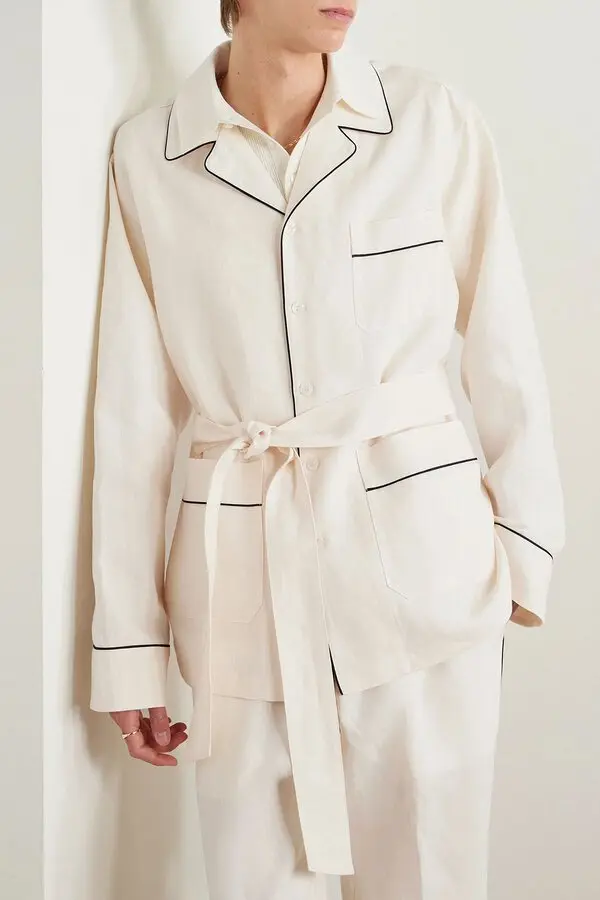 Dolce & Gabbana Campcollar Belted Piped Linen And Silkblend Overshirt