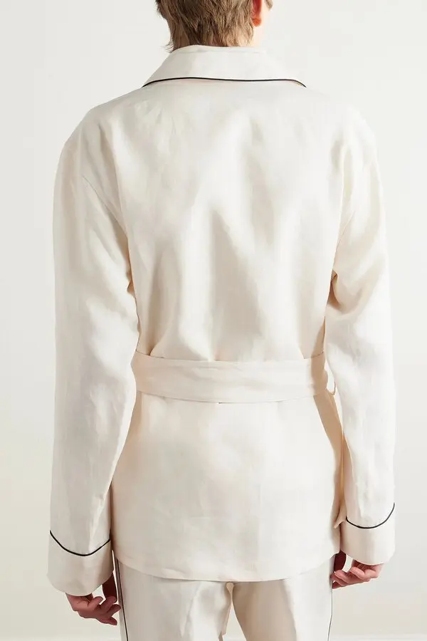 Dolce & Gabbana Campcollar Belted Piped Linen And Silkblend Overshirt