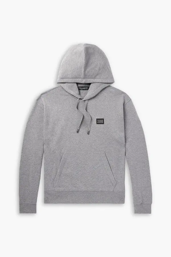 Dolce & Gabbana Leathertrimmed Logoappliquéd Cottonjersey Hoodie - Gray