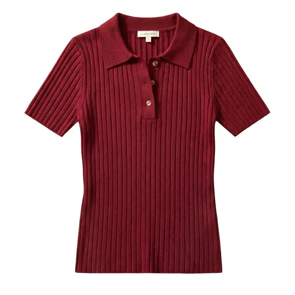 HARMAIN LEATHERS LTD The Ribbed Knit Polo Shirt In Burgundy - Red