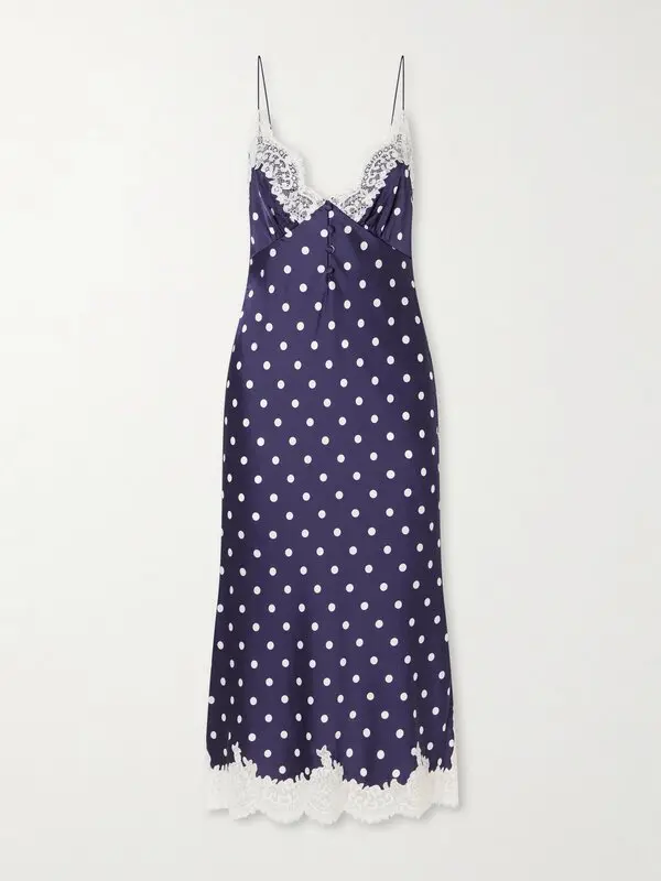 SELF-PORTRAIT Lace-trimmed Polka-dot Satin Midi Dress - Blue