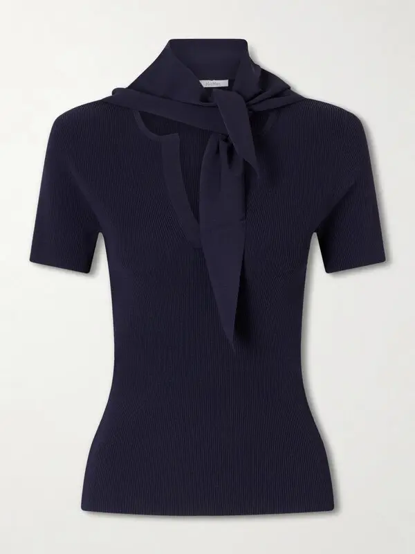 Max Mara Ribbed Jersey T-shirt With Tie Neck Detail - Blue