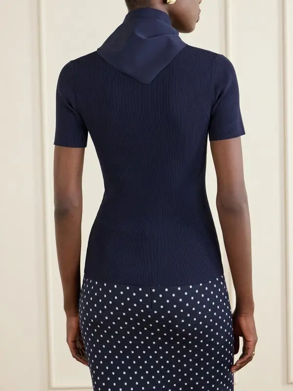 Max Mara Ribbed Jersey T-shirt With Tie Neck Detail - Blue