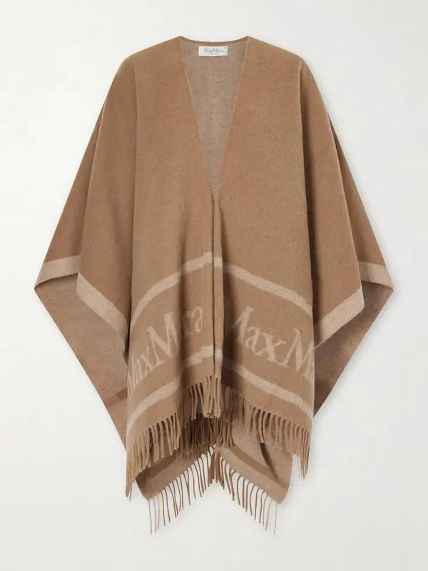Max Mara Fringed Wool-jacquard Cape - Brown