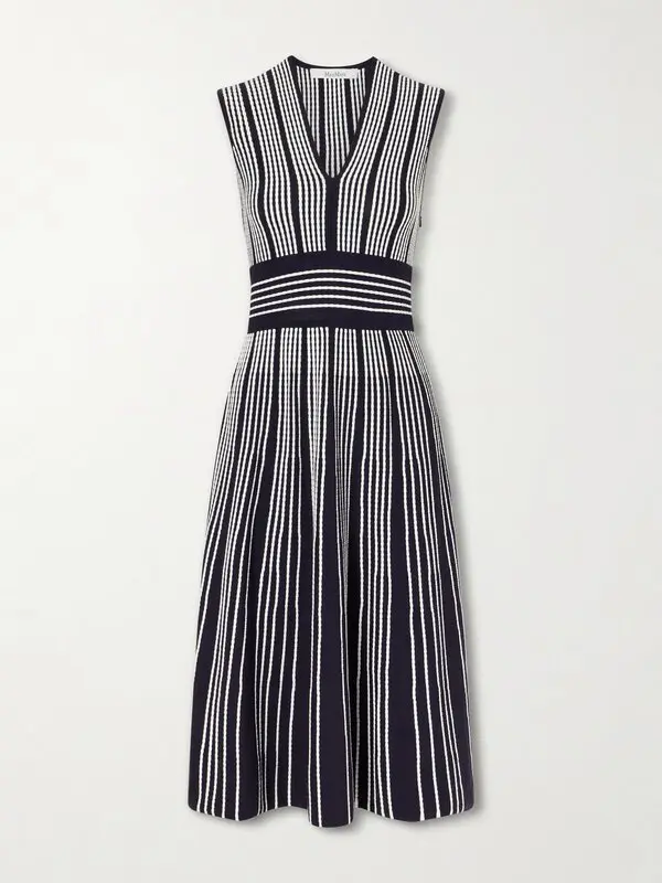Max Mara Striped Knitted V-neck Dress - Black