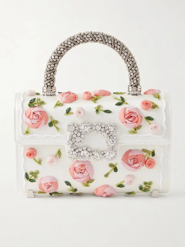ROGER VIVIER Floral Embellished Satin Clutch - Neutrals