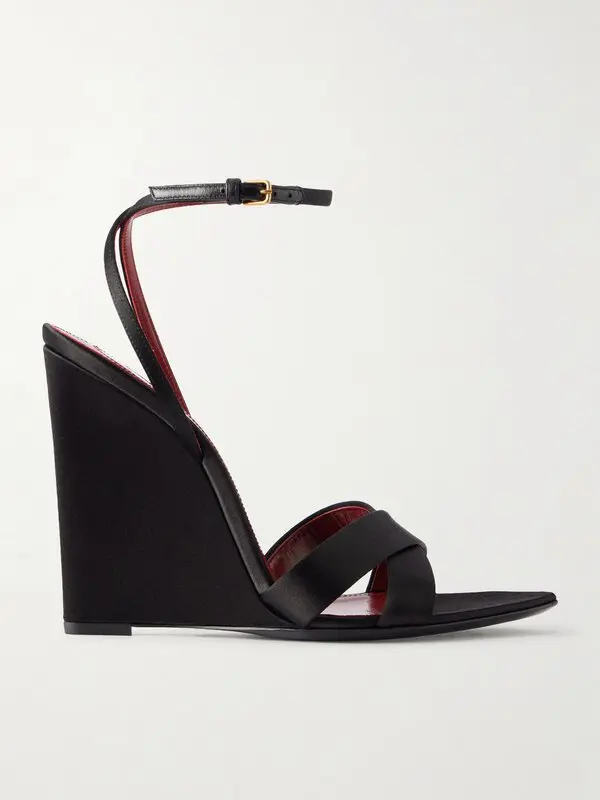 Saint Laurent Lydia Satin Wedge Sandals - Black