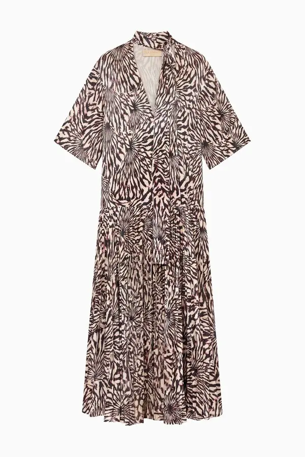 Ulla Johnson Pleated Seashell Print Satin Midi Dress