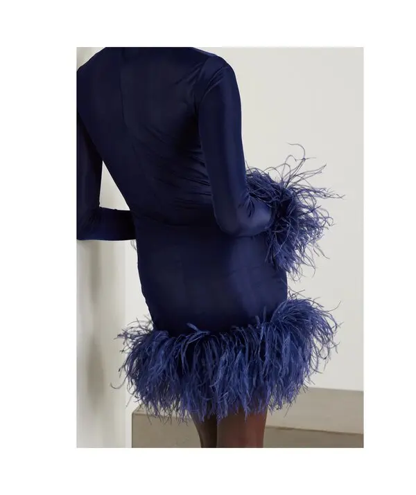 16Arlington Luna Feather-trimmed Stretch-jersey Turtleneck Mini Dress