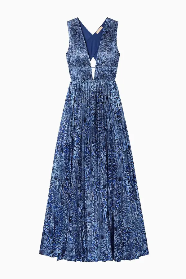 Ulla Johnson Lena Pleated Satin Gown With Seashell Print - Lapis