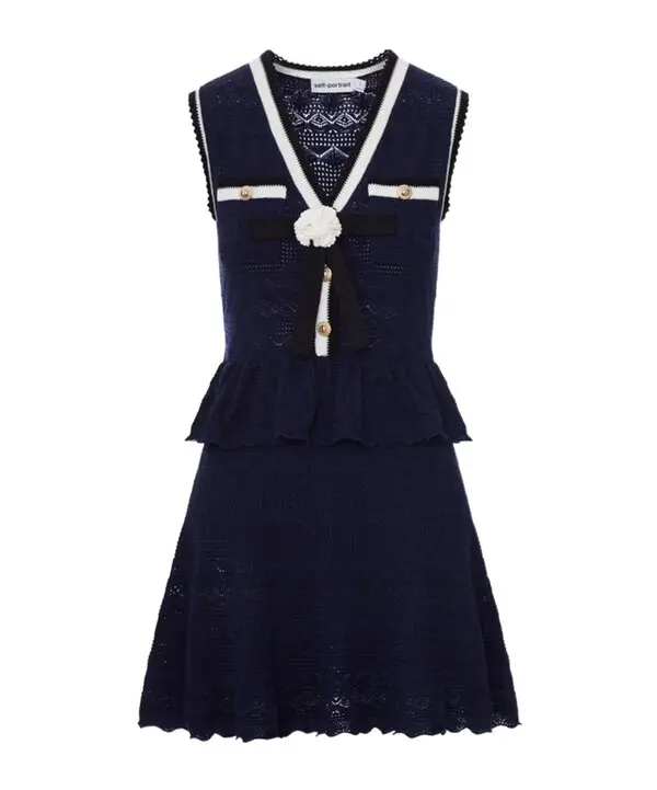 SELF-PORTRAIT Peplum Pointelle Knit Mini Dress - Navy