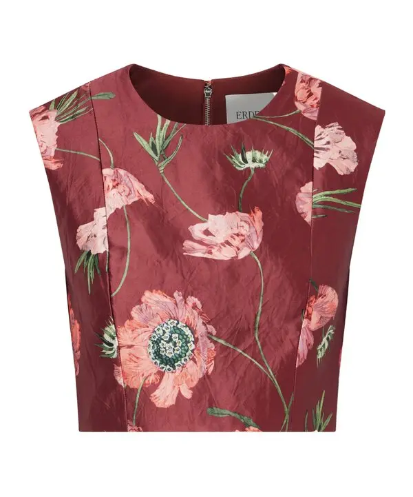 Erdem Floral-print Crinkled Satin Cropped Top - Red