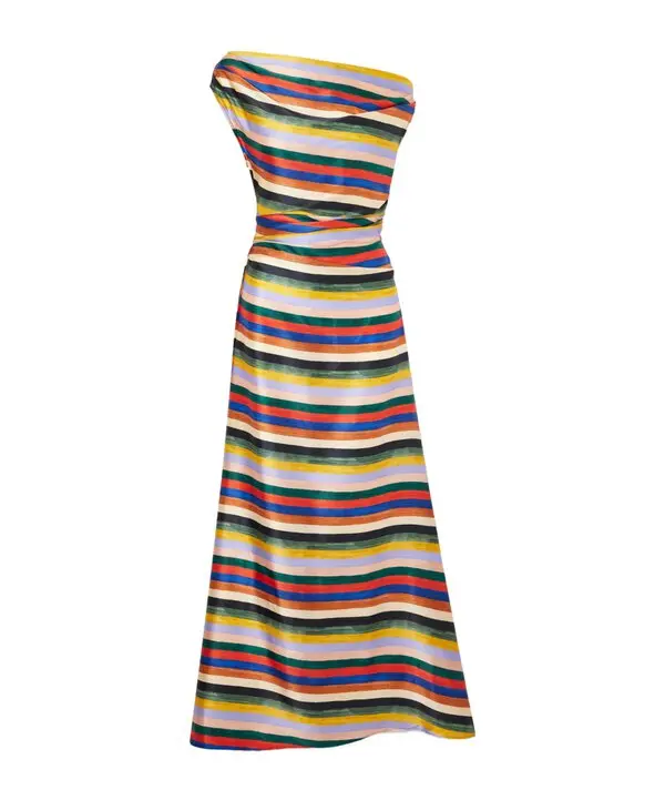Staud One-shoulder Draped Striped Silk-blend Satin Maxi Dress
