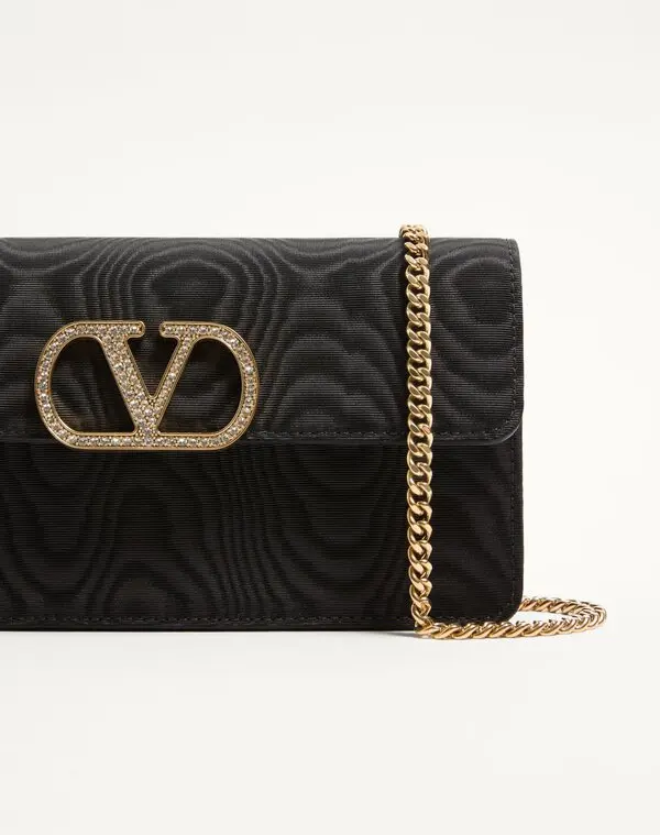 Valentino Garavani Vlogo Signature Chain Wallet In Moiré Fabric With Jewel Logo - Black