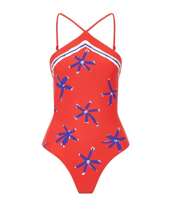 Staud Cadence Printed Halterneck One-piece - Red