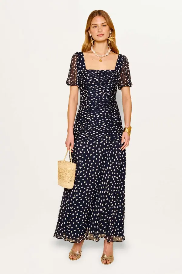 Rixo Leyane Scatter Spot Chiffon Maxi Dress Regular - Navy