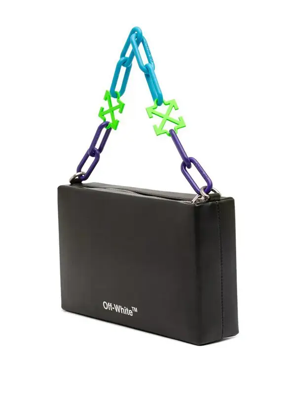 Off-White Leather Block Pouch Quote Clutch With Chain Shoulder Bag
