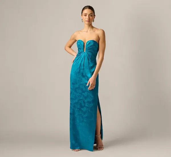Adrianna Papell Strapless Floral Jacquard Plunge Gown - Peacock