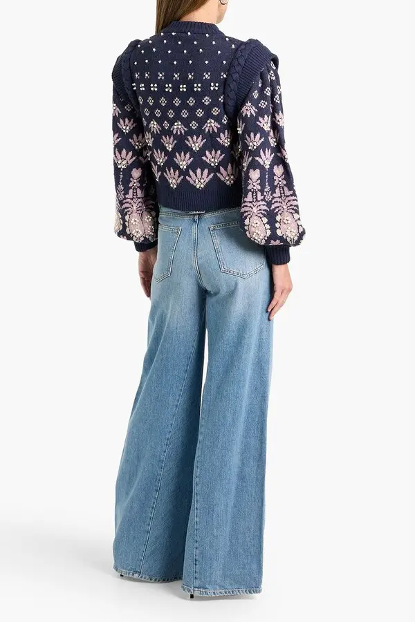 Farm Rio Faux Pearl Embellished Jacquard Knit Sweater