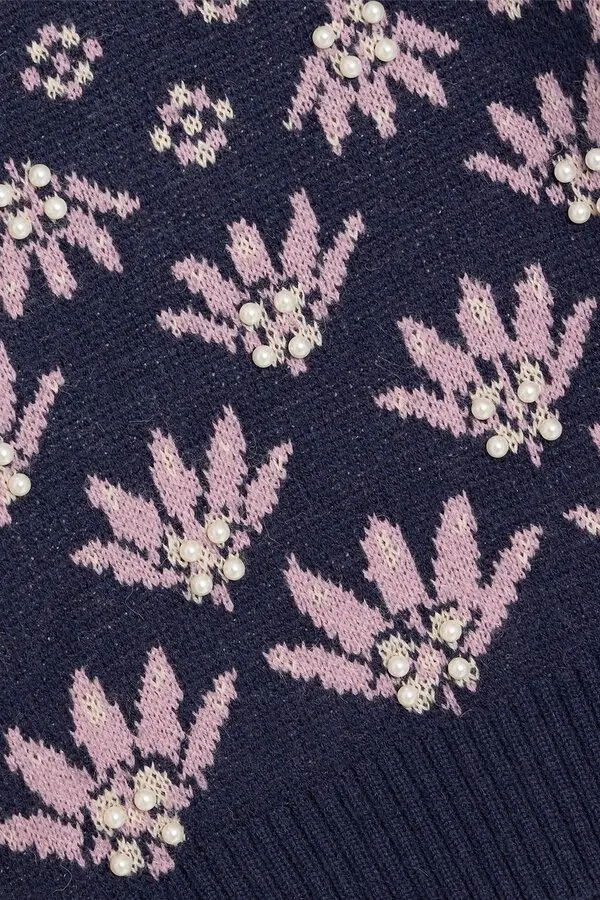 Farm Rio Faux Pearl Embellished Jacquard Knit Sweater
