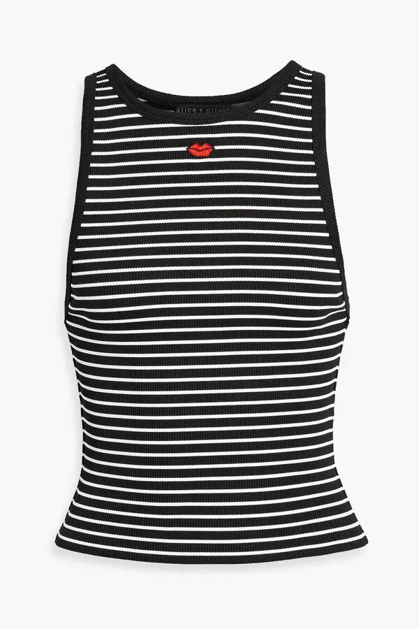 Alice + Olivia Alice Olivia Allen Embroidered Striped Ribbedknit Tank - Black