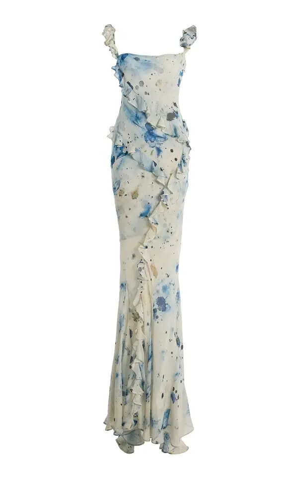 Paris Georgia Ruffled Silk Maxi Dress With Cascading Ruffle And Removable Cape - Print