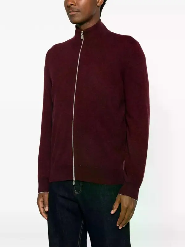 Brunello Cucinelli Bordeaux High Neck Zip-up Cardigan - Red