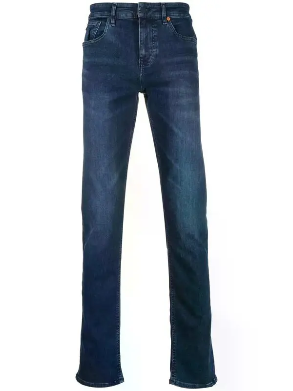 BOSS Indigo Cotton Blend Slim Cut Jeans With Logo Patch - Blue