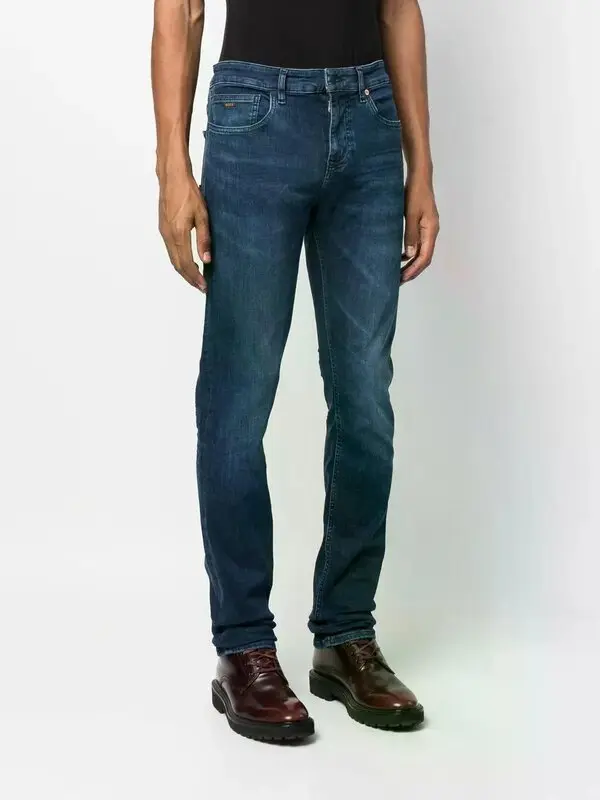 BOSS Indigo Cotton Blend Slim Cut Jeans With Logo Patch - Blue