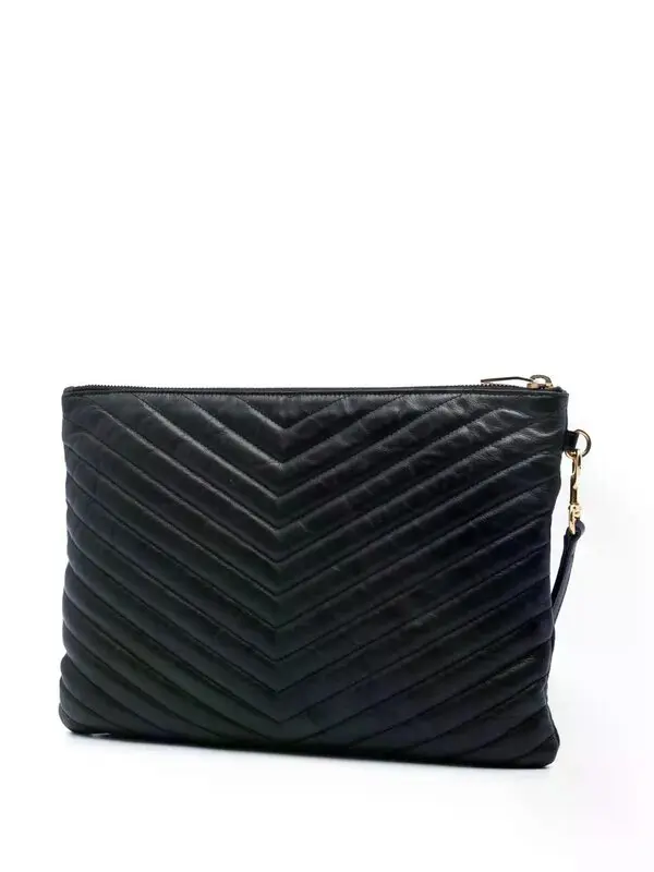 Saint Laurent Chevron Calfskin Monogram Zip A4 Pouch Clutch Bag - Black