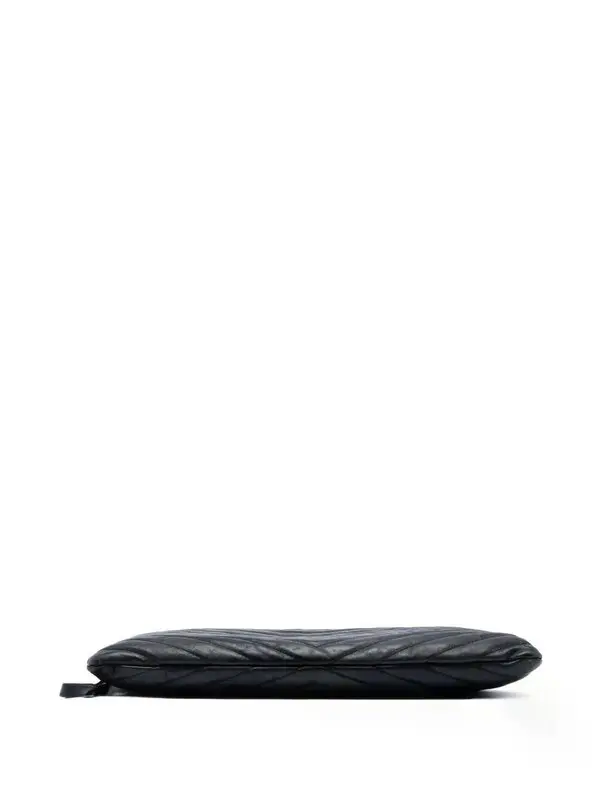 Saint Laurent Chevron Calfskin Monogram Zip A4 Pouch Clutch Bag - Black
