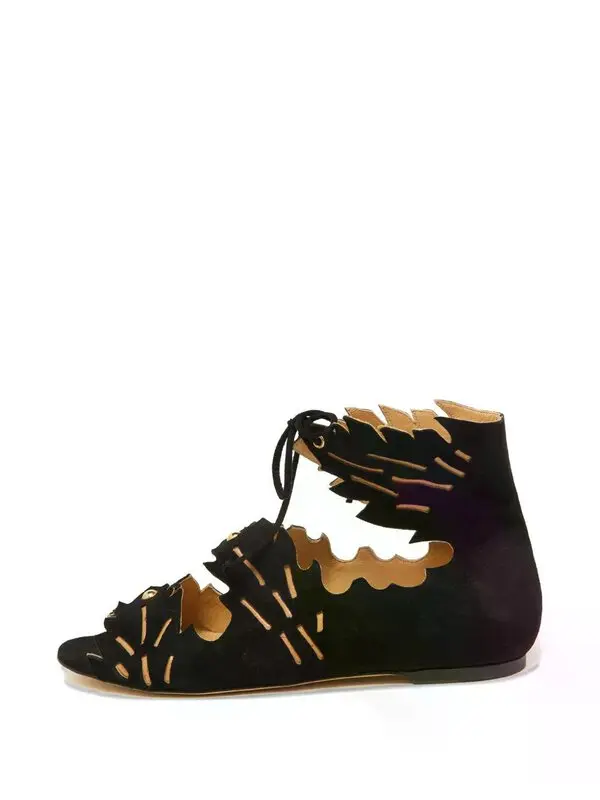 CHARLOTTE OLYMPIA Suede Leaf Cut-out Lace-up Flat Sandals