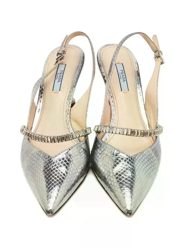 Prada Snakeskin-embossed Crystal-embellished Leather Slingback Pumps