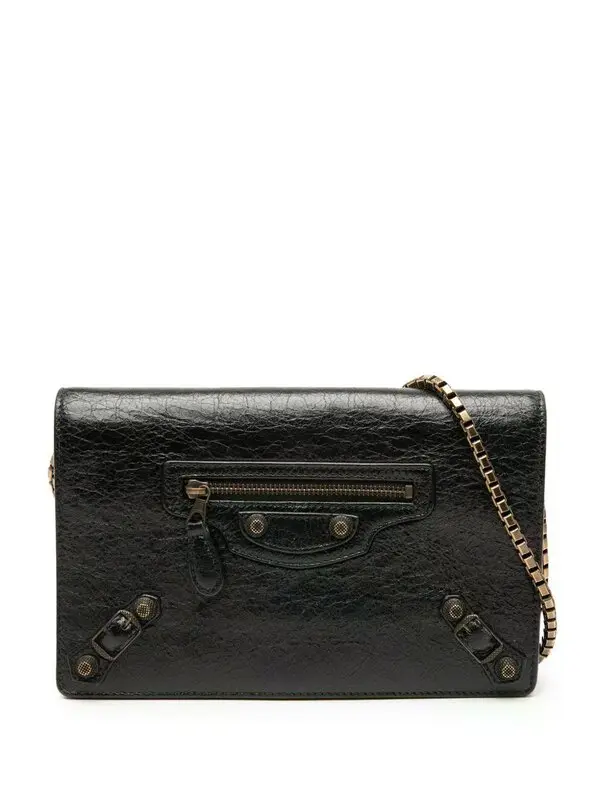 Balenciaga Lambskin Motocross Giant 12 Wallet On Chain Crossbody Bag - Black