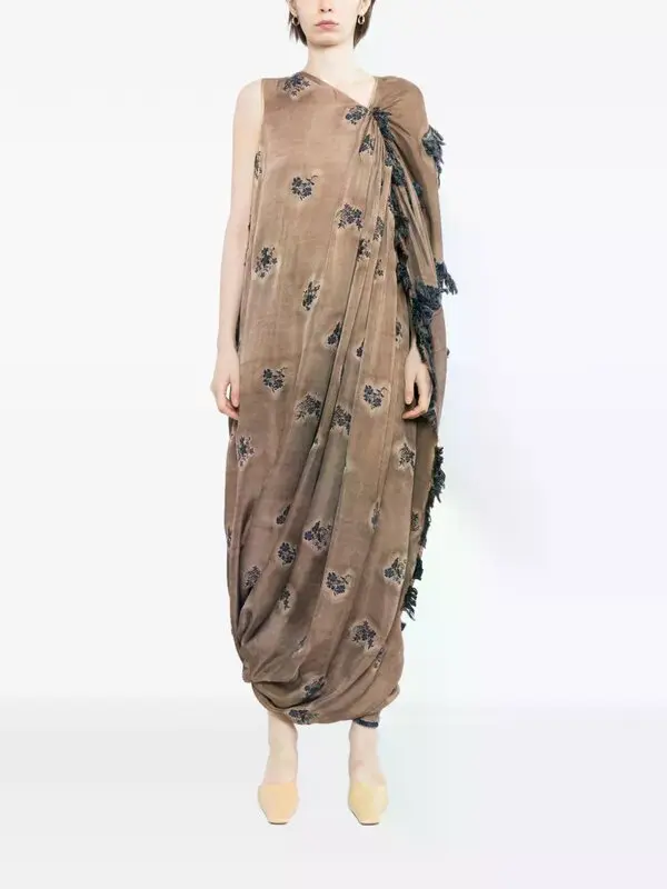 UMA WANG Floral-embroidered Fringed V-neck Dress