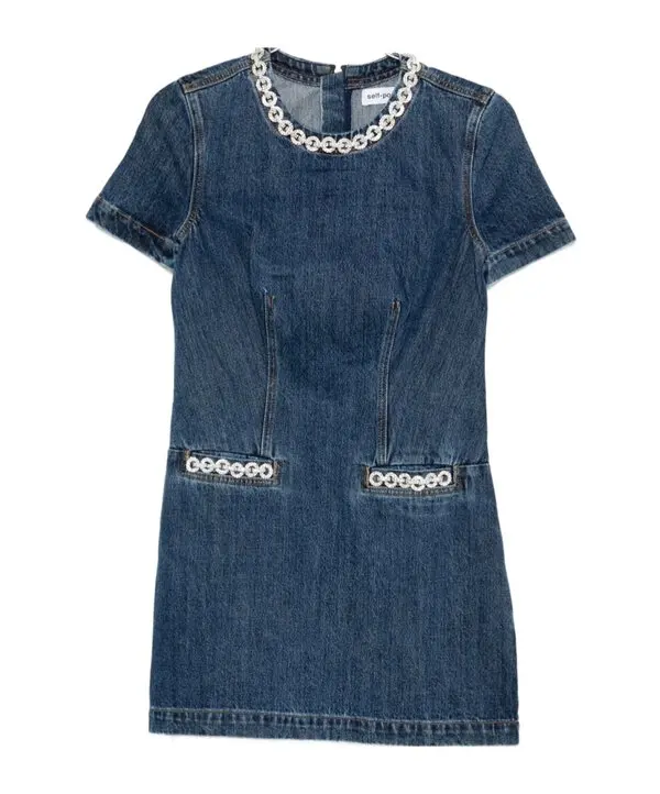 SELF-PORTRAIT Embellished-pocket Denim Mini Dress - Blue